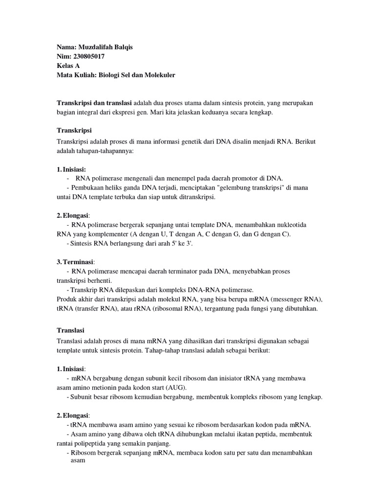 Muzdalifah Balqis - 230805017 - Tugas Biologi Sel Dan Molekuler - Transkripsi & Translasi Serta ...