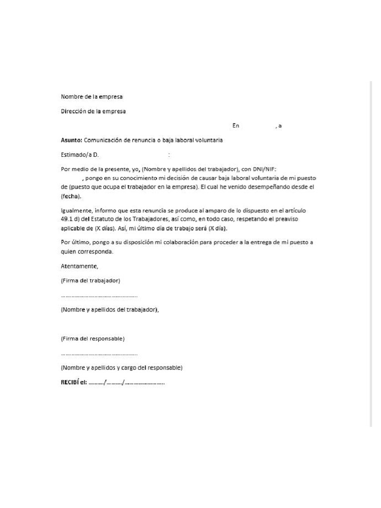 Modelo Carta Renuncia Preaviso | PDF