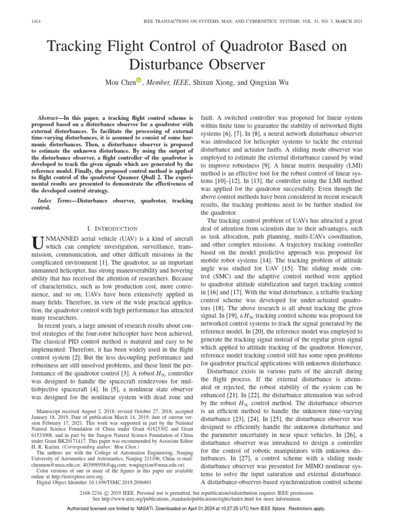 Tracking Flight Control of Quadrotor Based On Disturbance Observer ...