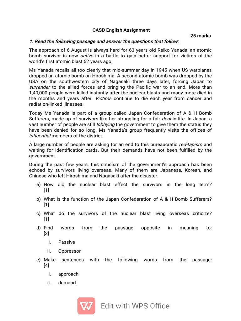 CASD English Assignment BCS 2A | PDF | Atomic Bombings Of Hiroshima And ...