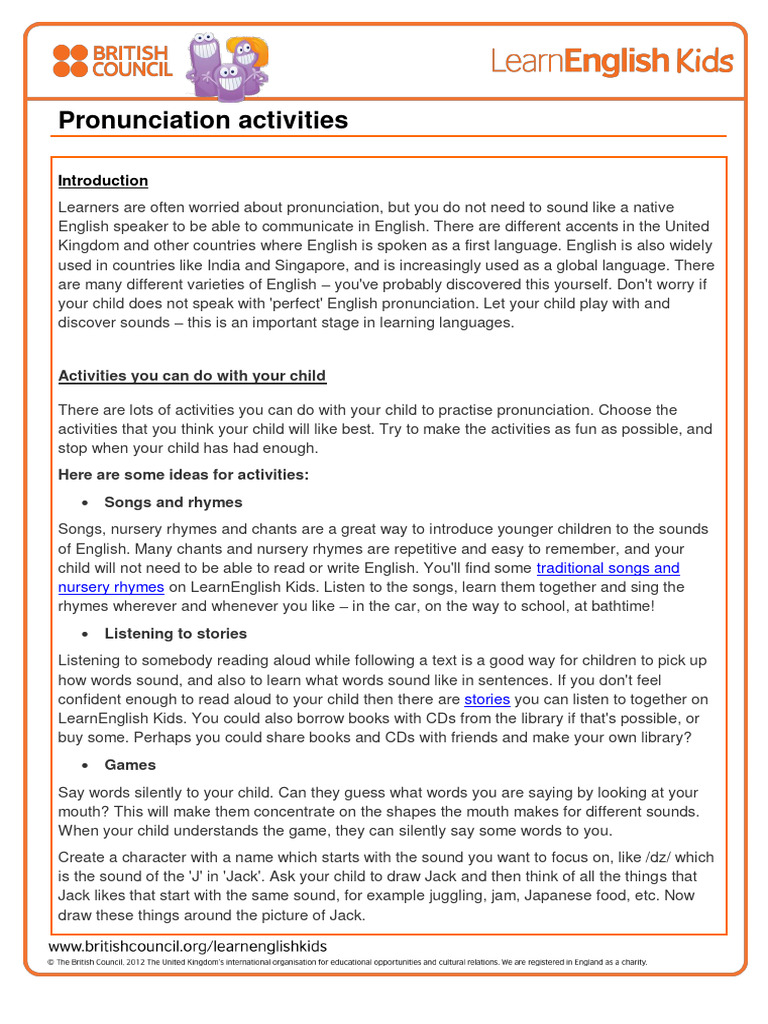 Parents Articles Pronunciation Activities English | PDF | English ...