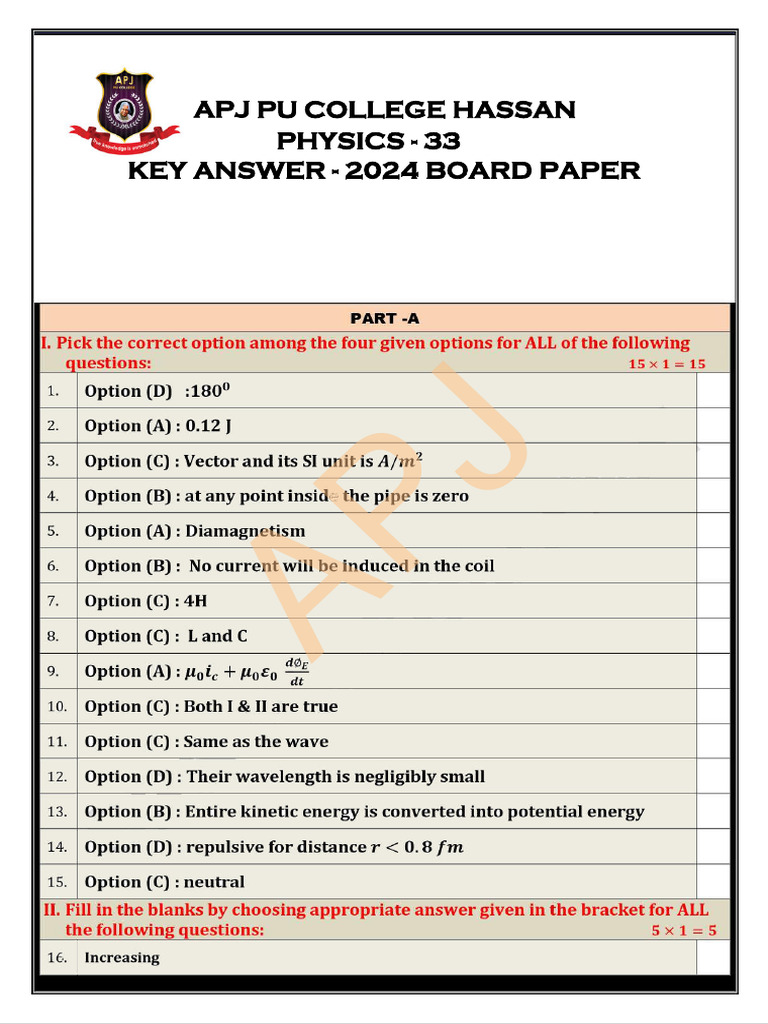 Physics 2024 - Key Solution - Apj | PDF | Photoelectric Effect | Rectifier