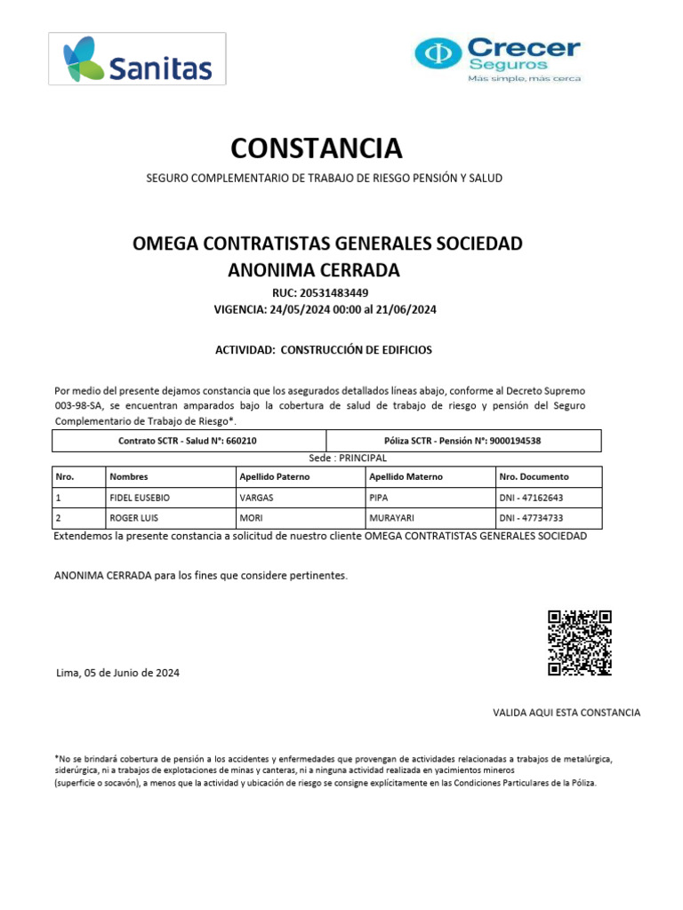 Constancia de Seguro SCTR Omega | PDF | Póliza de seguros | Seguro