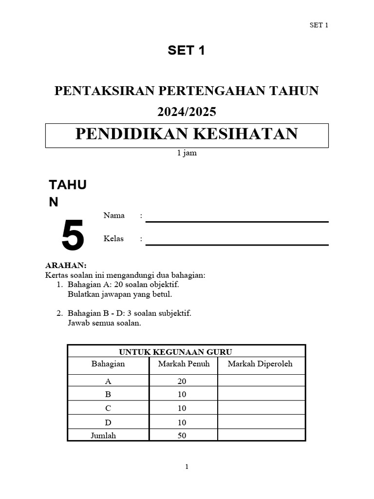 Soalan Pendidikan Kesihatan Tahun 5 | PDF