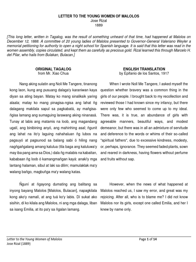 Jose Rizal (1889) - Letter To The Young Women of Malolos | PDF ...
