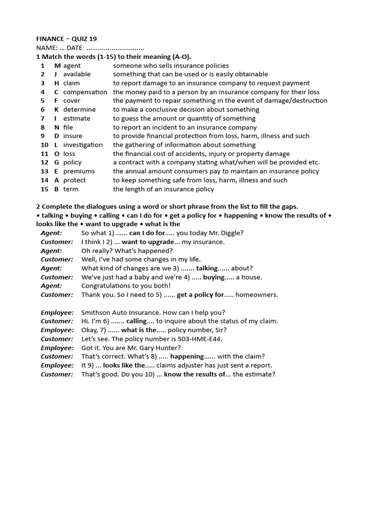Insurance Vocabulary Quiz and Dialogues | PDF | Insurance | Private Law