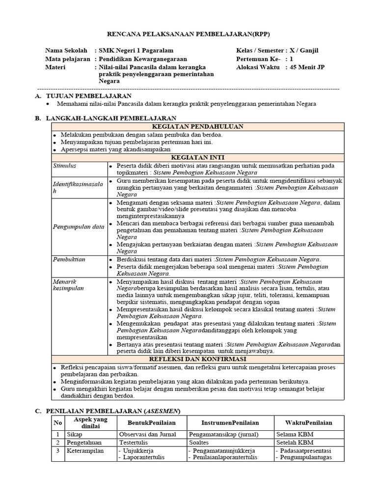 Kelas X - RPP 1 - PPKN - 2021-2022 - Nilai-Nilai Pancasila Dalam Penyelenggaraan Pemerintahan ...