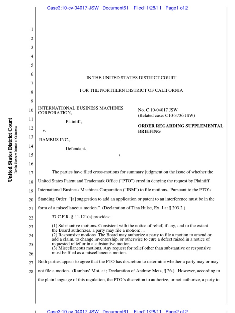 Order Regarding Supplemental Briefing | PDF | Summary Judgment | United ...