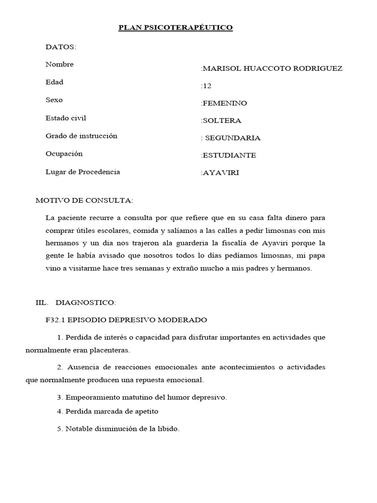 Plan Terapeutico Listo Marisol Internado Clinico | PDF | Las emociones | Teoría de apego