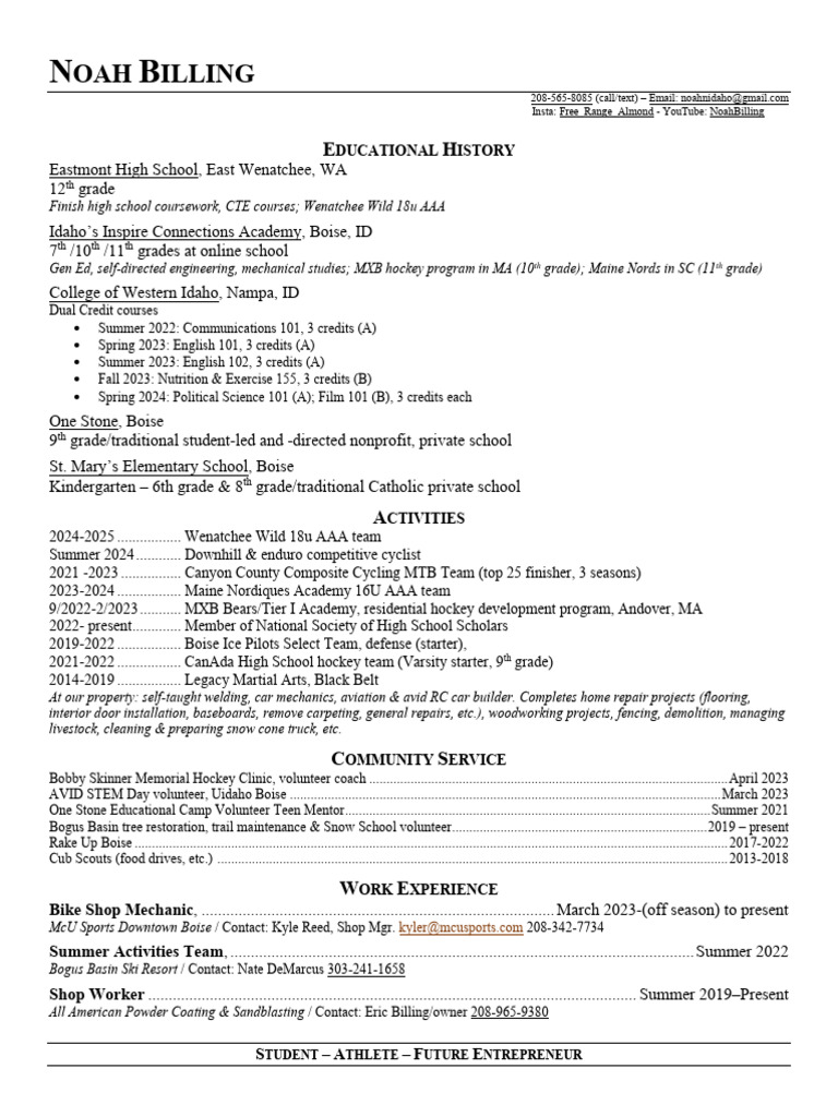 Noah Billing Academic Resume Spring 2024 | PDF | Boise