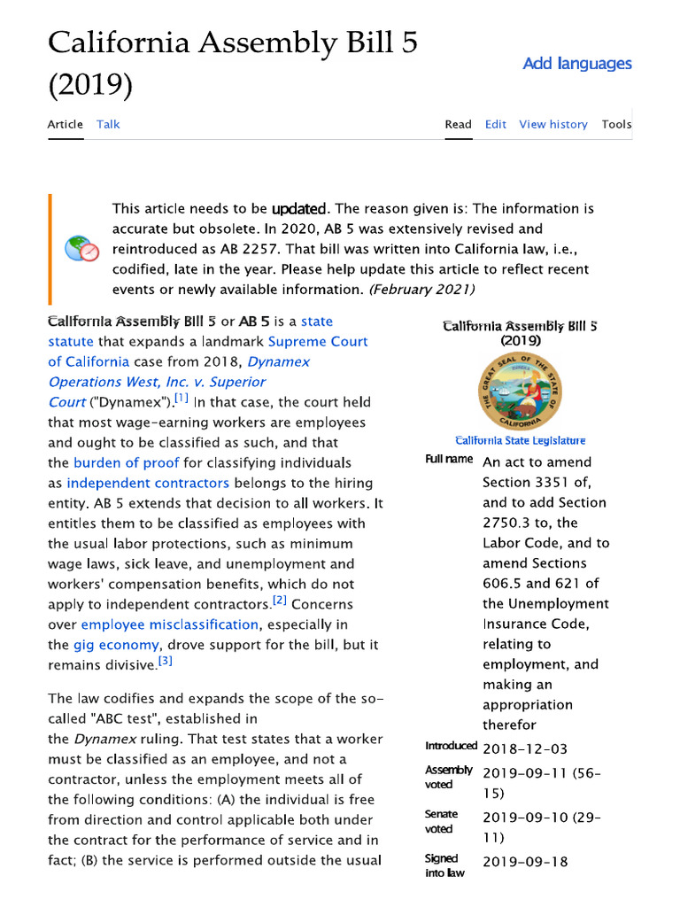 California Assembly Bill 5 (2019) | PDF | Computers