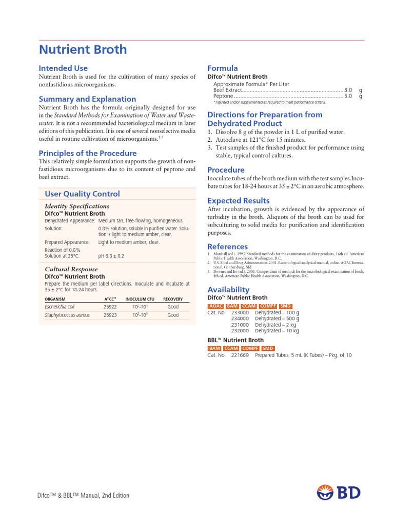 Nutrient Broth (BD) - 23300 | PDF | Biology
