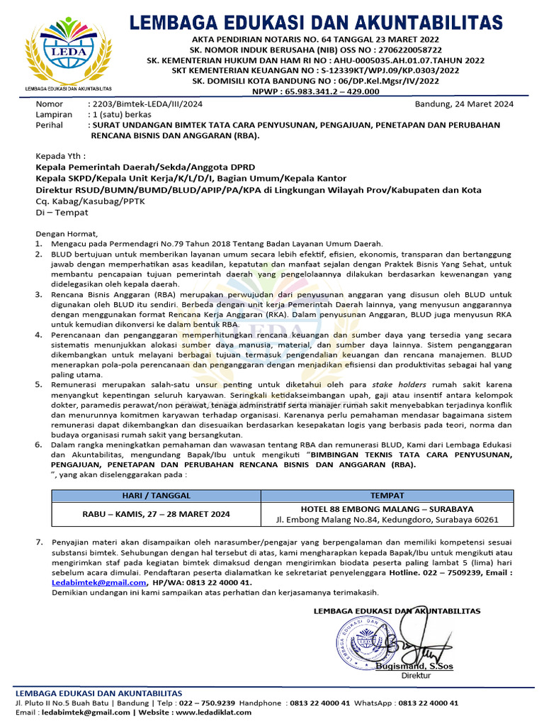 SURAT LEDA PENYUSUNAN RBA DAN REMUNERASI RSUD BLID Revise Hotel 88 Sby ...
