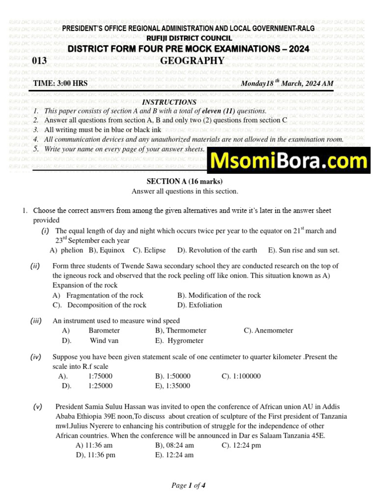 Form Four Geography Pre Mock Exam 2024 | PDF | Earth Sciences | Geology