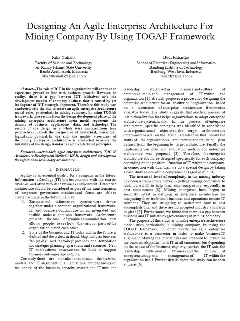 Designing An Agile Enterprise Architecture For Mining Company by Using TOGAF Framework (2016 ...