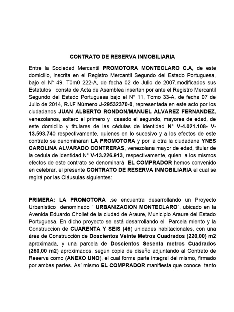 CONTRATO DE RESERVA INMOBILIARIA - dERIKA | PDF | Condominio