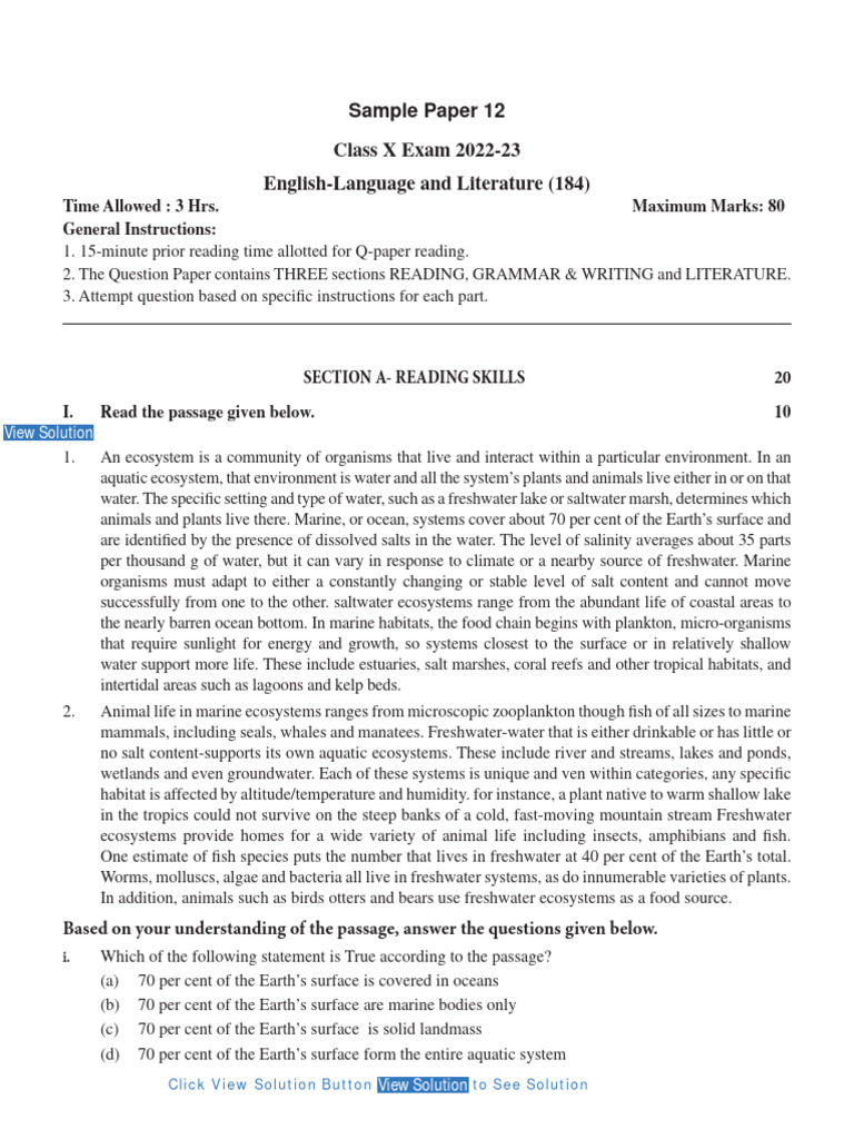 Sample Paper 12 Class X Exam 2022-23 English-Language and Literature | PDF | Earth Sciences ...