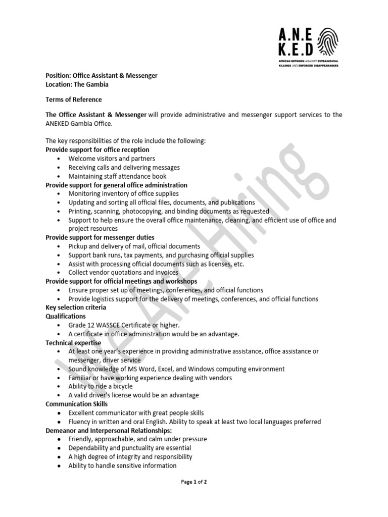 ANEKED Is Hiring - Office Assistant & Messenger - ToR | PDF | Career ...