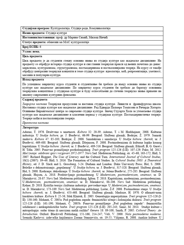 O Studije Kulture | PDF