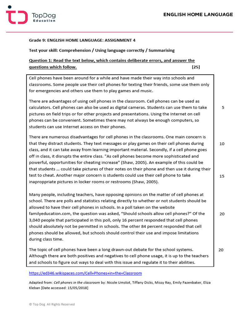 Grade 9 Assignment 4 Pdf Telephone Text Messaging