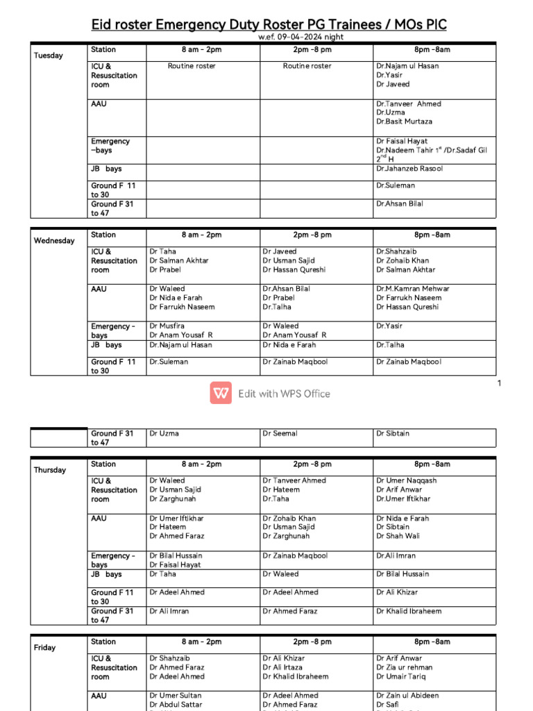 Eid ul fitr Roster april 2024 | PDF