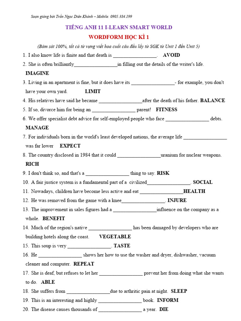 Word Formation Exercises for English 11 | PDF