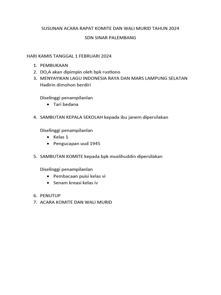 Susunan Acara Rapat Komite Dan Wali Murid Tahun 2024 Pdf