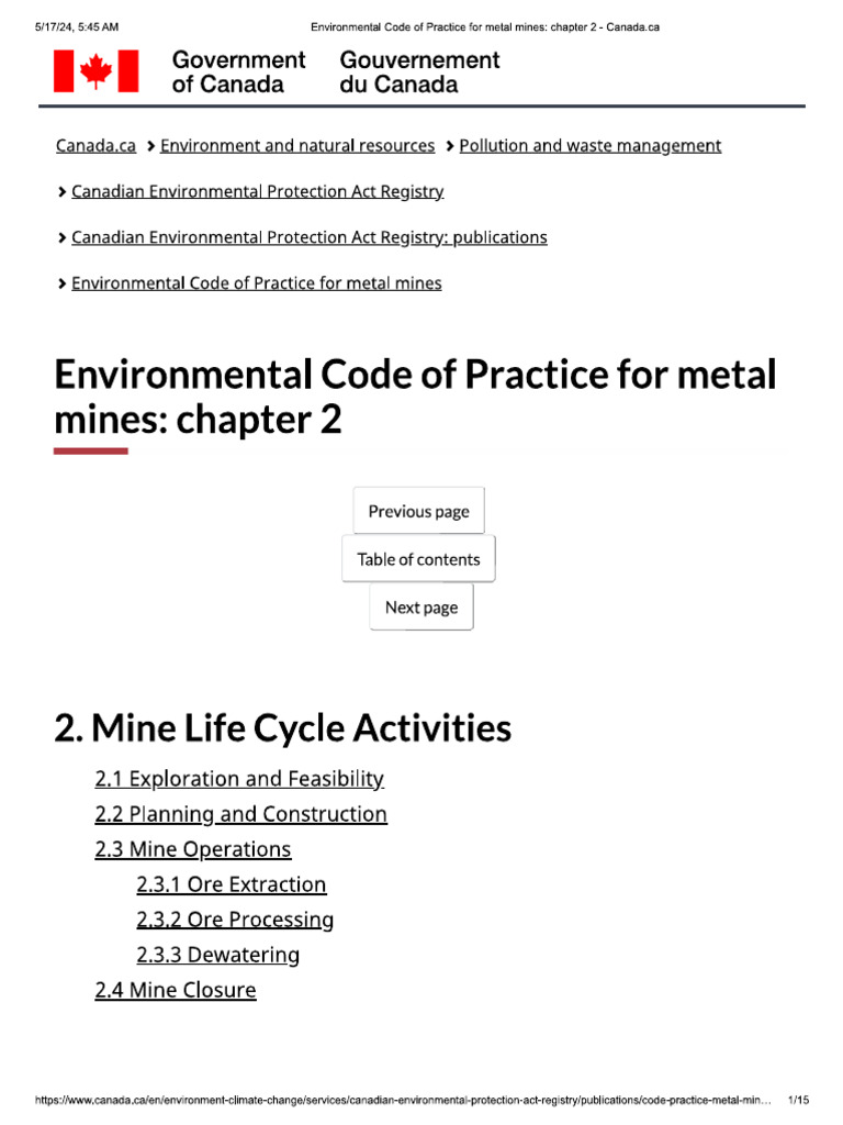 Environmental Code of Practice For Metal Mining | PDF
