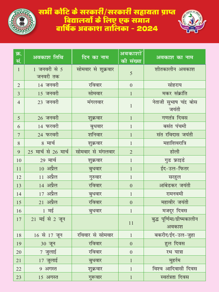 JCERT Calendar-2024 Holiday List | PDF