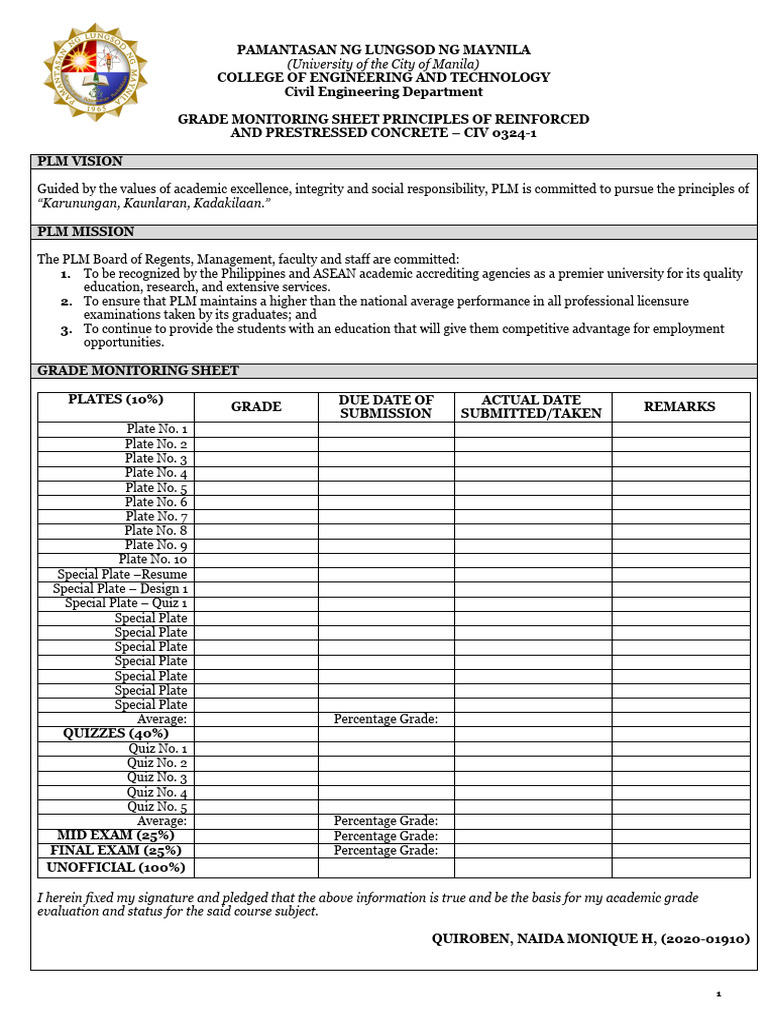 Civil Engineering Grade Monitoring Sheet | PDF | Educational Stages