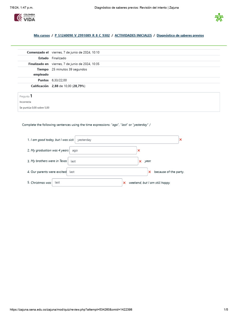LEVEL 4 Diagnóstico de Saberes Previos - Revisión Del Intento - Zajuna | PDF