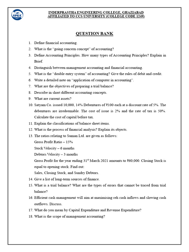 Financial Accounting Question Bank | PDF | Financial Capital | Expense
