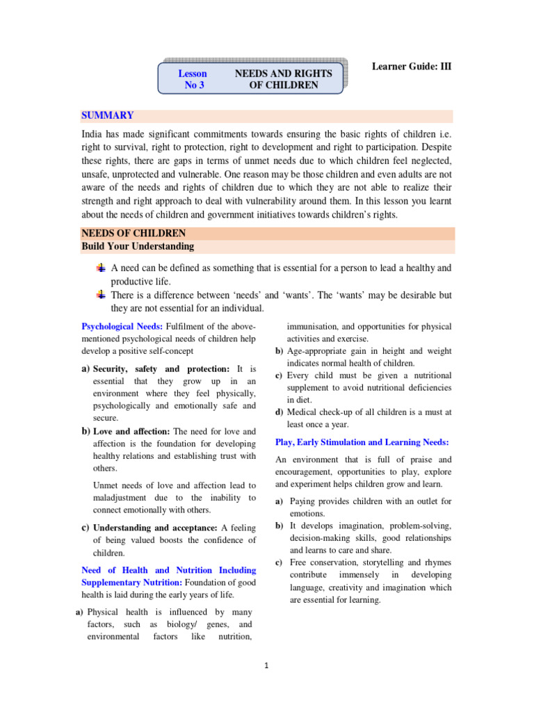 Lesson No3: Learner Guide: III Needs and Rights of Children | PDF ...