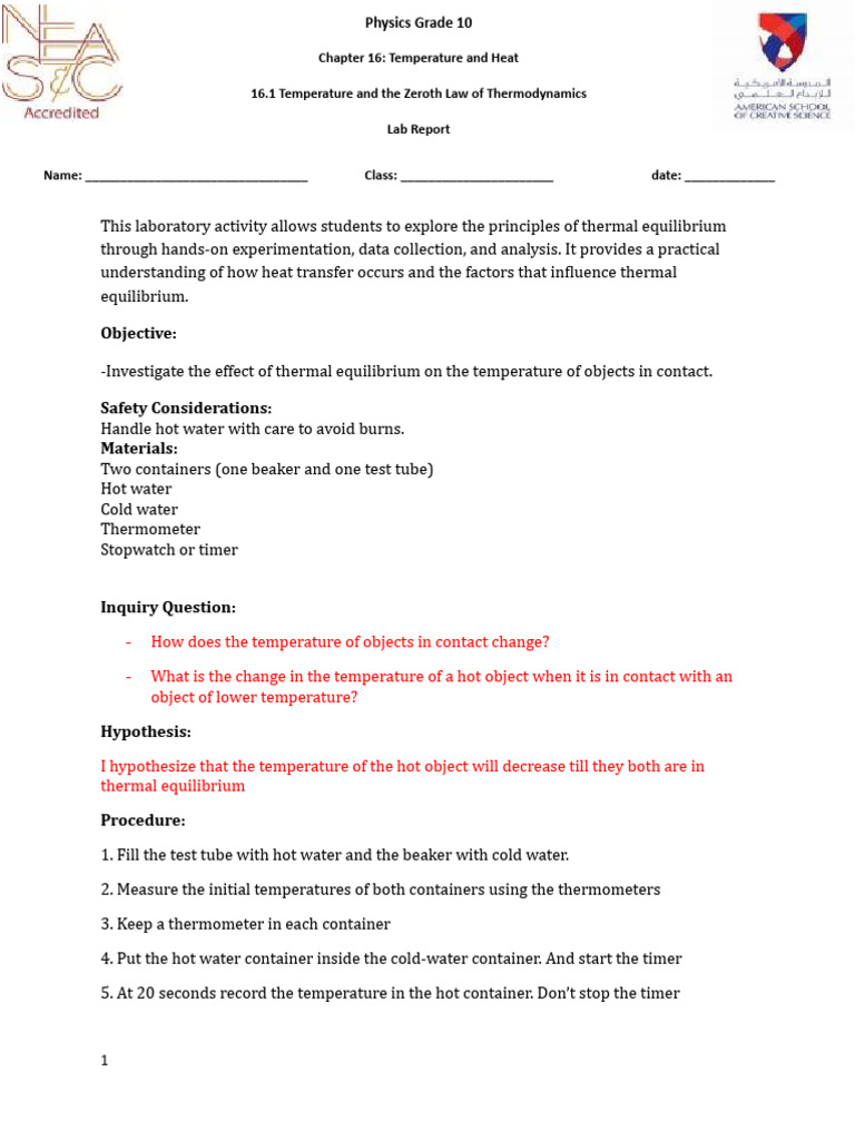 Lab Report-Thermal Equilibrium-Answerkey 2 | PDF | Temperature ...