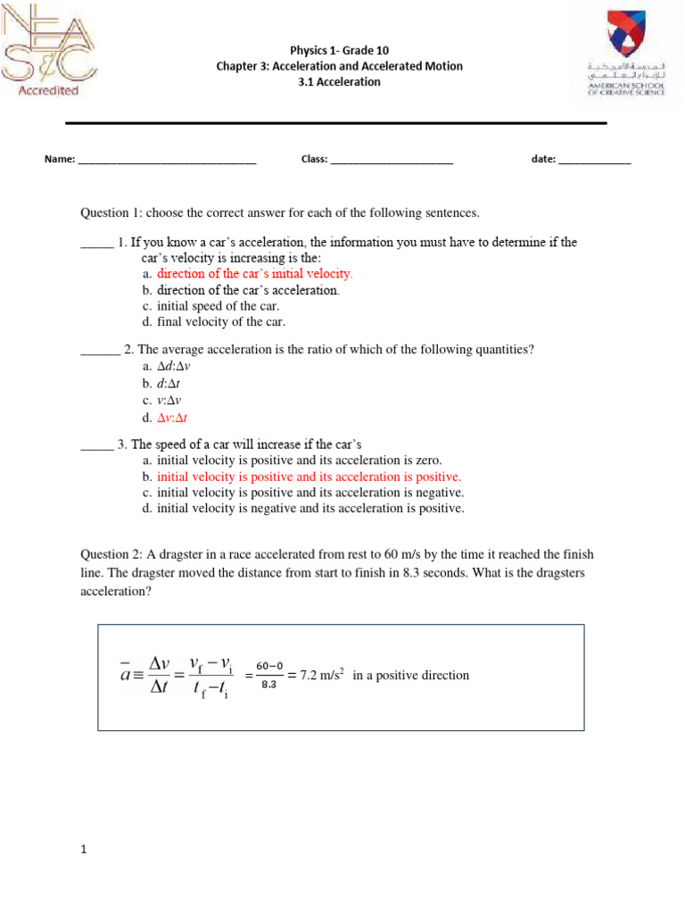Midterm Revision Sheet 2 Answerkey | PDF | Velocity | Acceleration