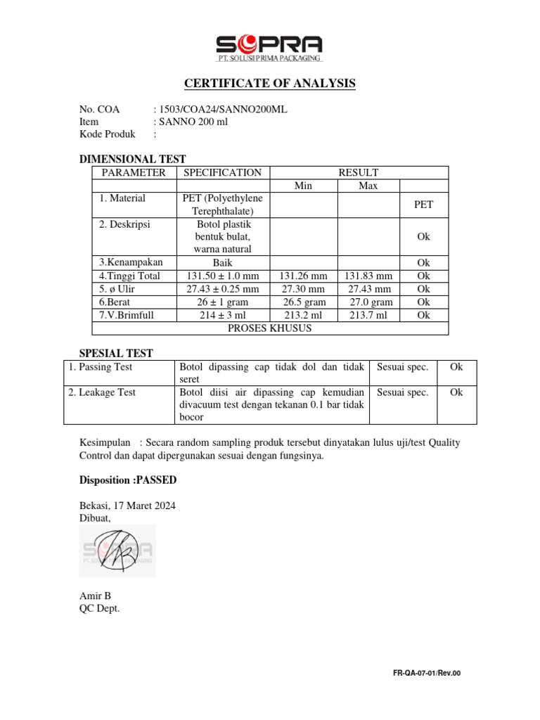 Coa Botol Sanno 200 ML + Cap Pco 28 2 Piece Wo - Cv. Amal Mulia ...