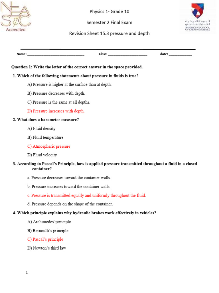 Physics 1-Grade 10 Semester 2 Final Exam Revision Sheet 15.3 Pressure ...