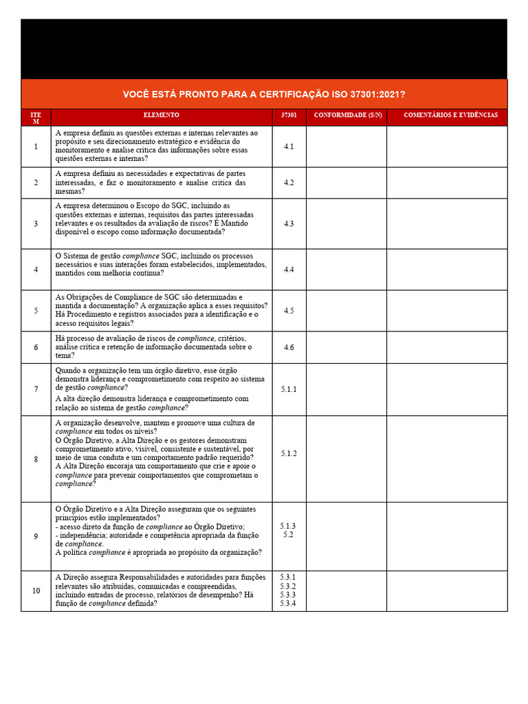 Checklist ISO 37301 2021 | PDF | Conformidade regulatória