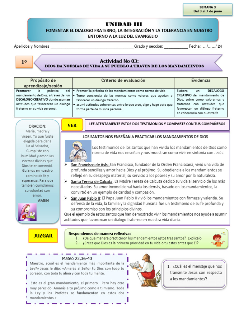 1ro-Ficha Act 3 - Ciclo Vi - Unidad III Final | PDF | Amor | Creencia religiosa y doctrina