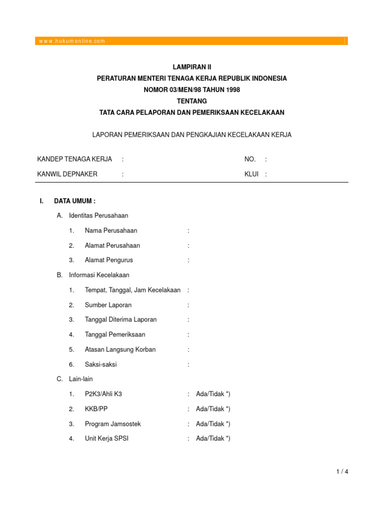 (1998 - Permenaker No 3) Tata Cara Pelaporan Dan Pemeriksaan Kecelakaan - Lampiran II | PDF