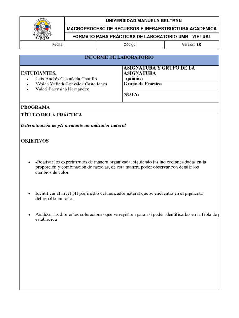 Formato Informe Laboratorio PH | PDF | Ph | Ácido