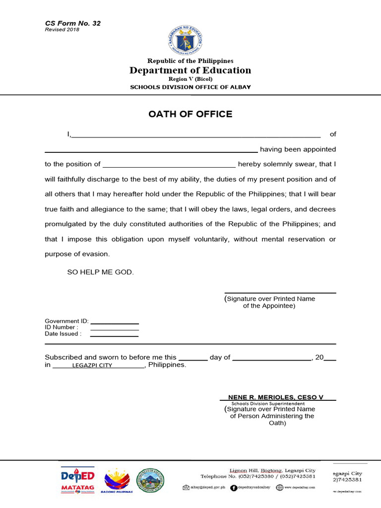 Oath of Office CS Form No. 32 Philippines | PDF | Law