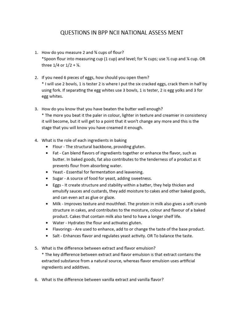 Questions in BPP Ncii National Assessment | PDF | Cakes | Flour