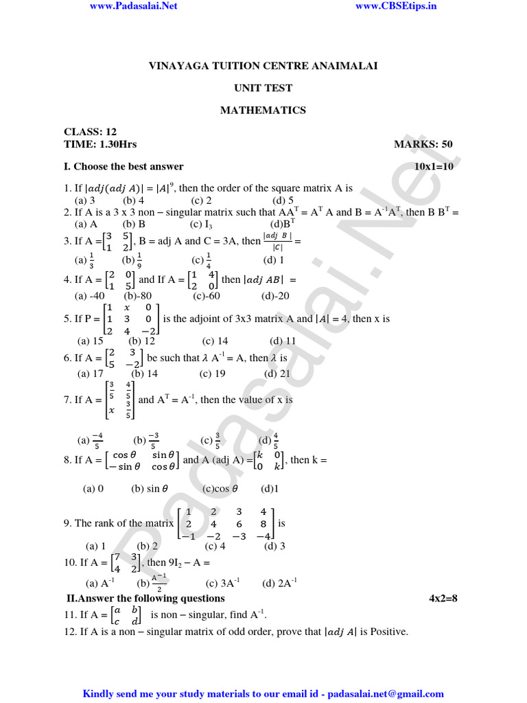 12th-Maths Model-Question-Paper English-Medium | PDF | Linear Algebra ...