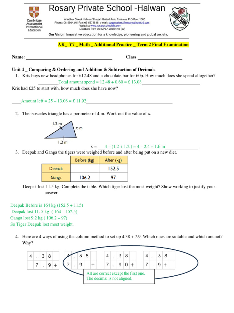Answers Y7 Math AdditionalPractice Term2 Final | PDF