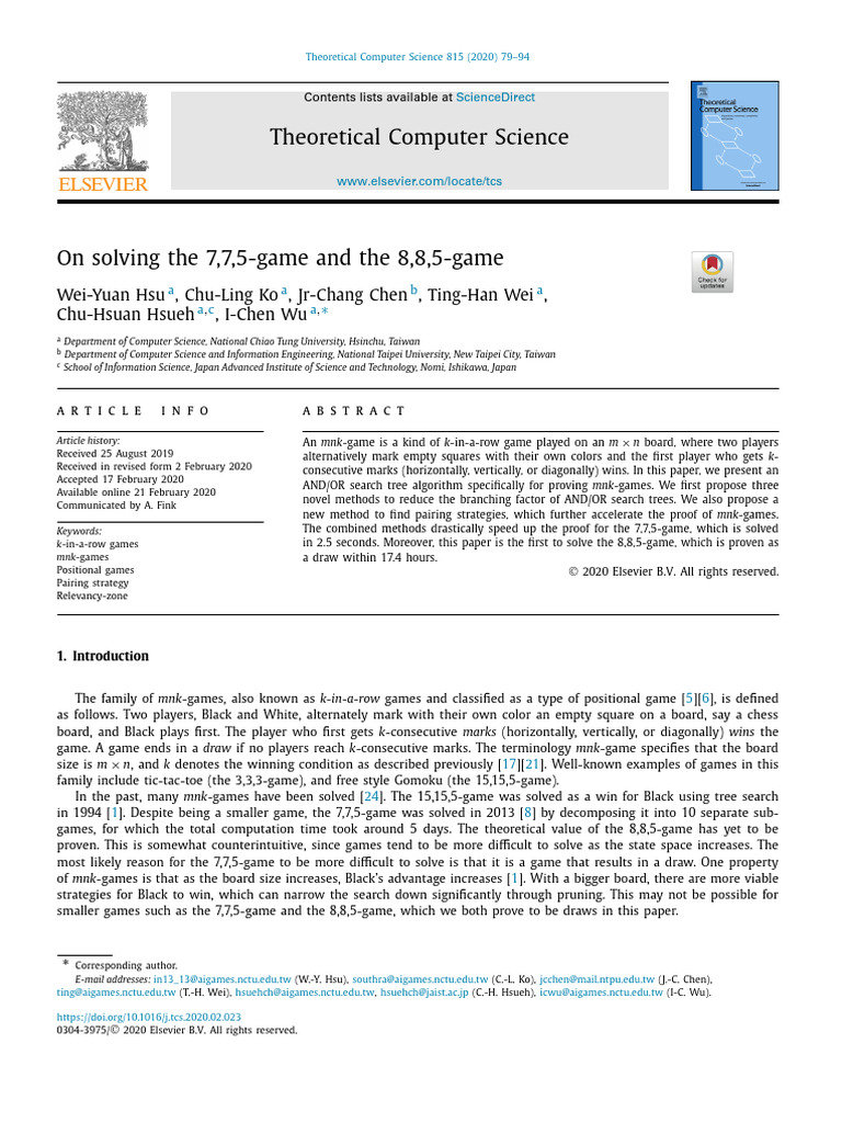 On Solving The 7 7 5 Game and The 8 8 5 Gam 2020 Theoretical Computer Scienc | PDF | Theoretical ...