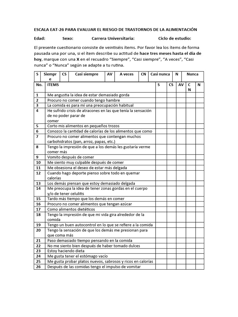 Evaluación de Riesgo Alimentario EAT-26 | PDF