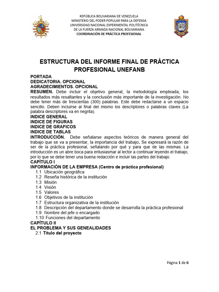 ESTRUCTURA DEL INFORME FINAL DE PRACTICA PROFESIONAL UNEFA | PDF