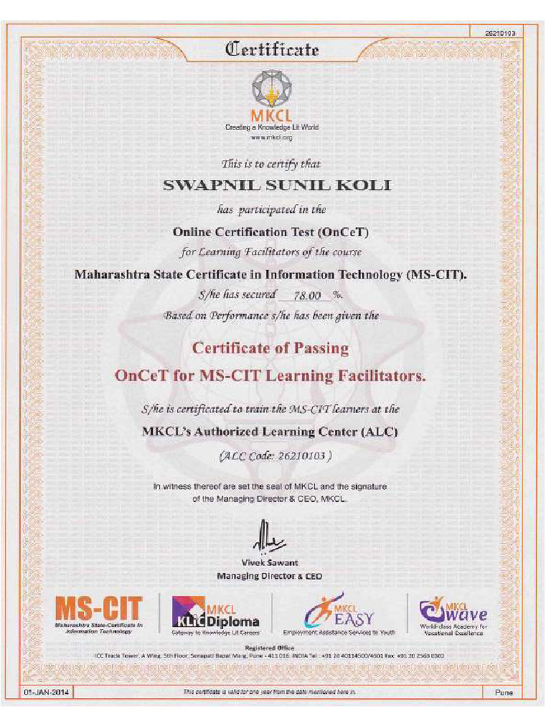 Oncet Mscit Ceretificate | PDF
