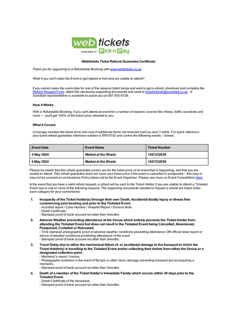 Webtickets Ticket Refund Guarantee Certificate | PDF